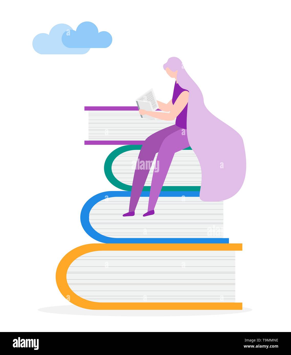 Vector illustration with woman and books. Young female reader, stack of ...