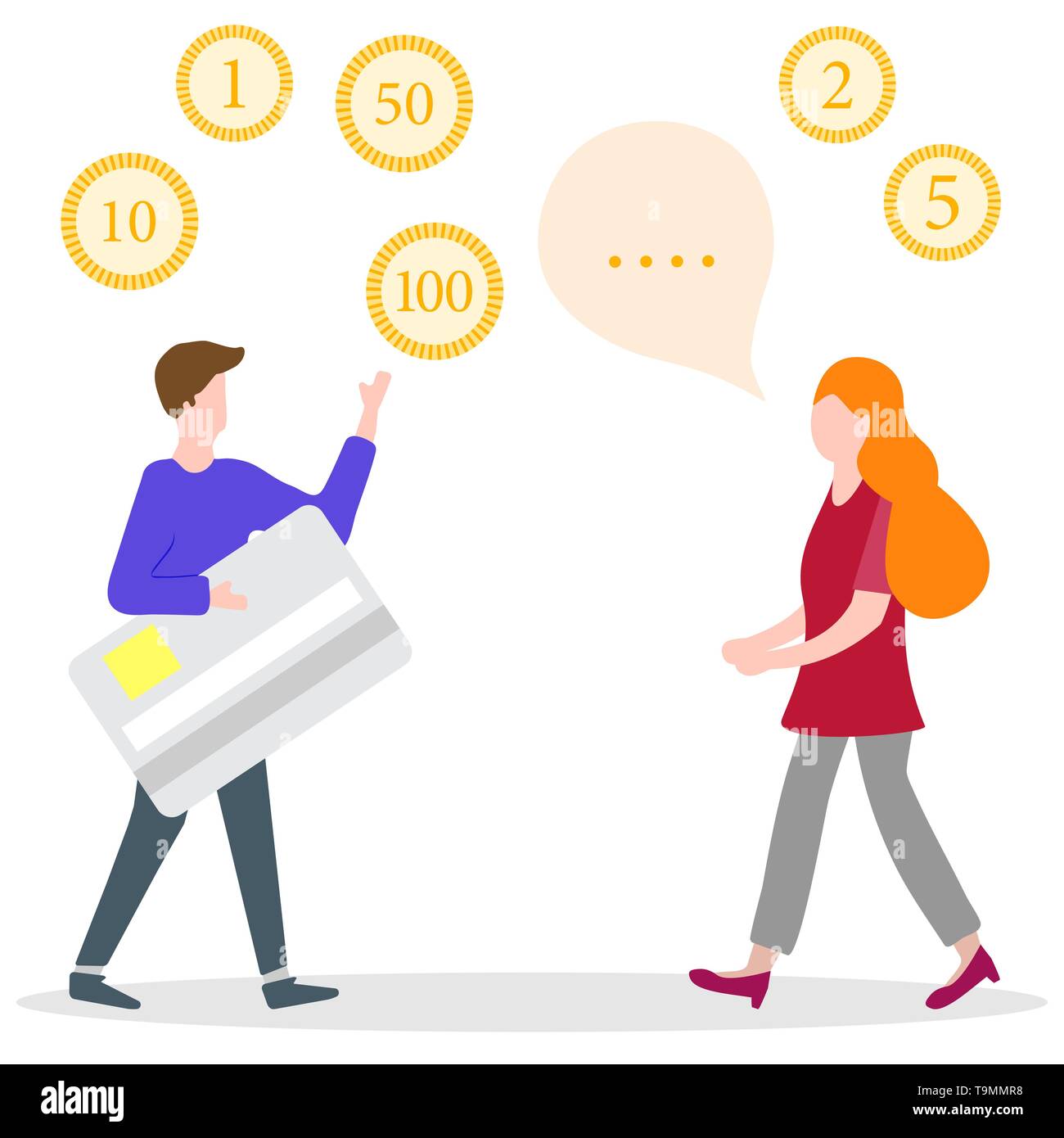 Vector illustration with man with bank card, female assistant helping ...