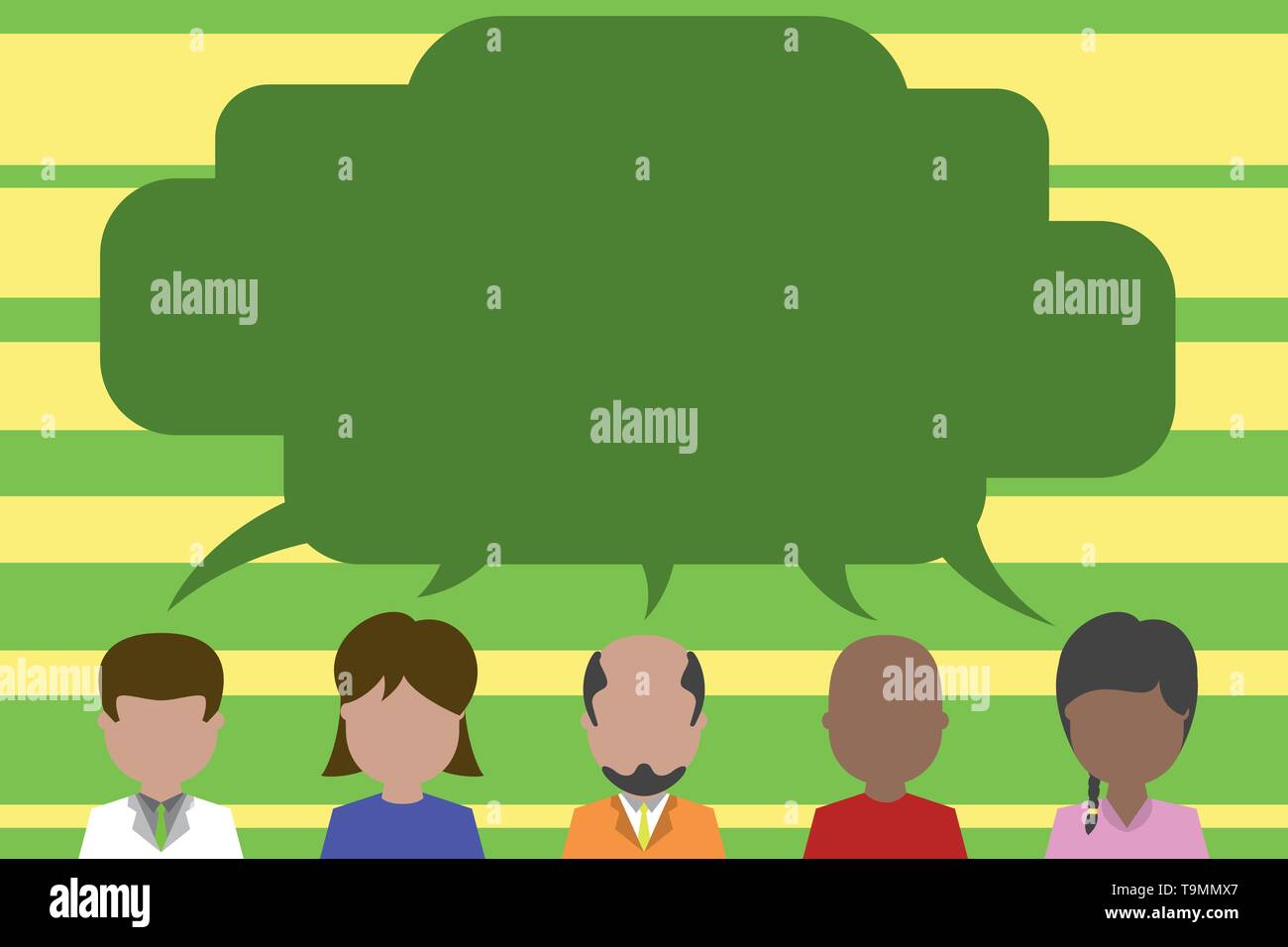 Five different races persons sharing blank speech bubble. People ...