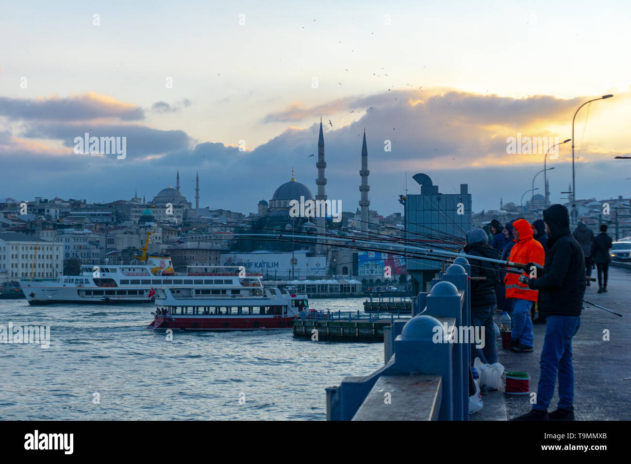 Fishermen are on the Galata Bridge, old Galata Bridge is a famous ...