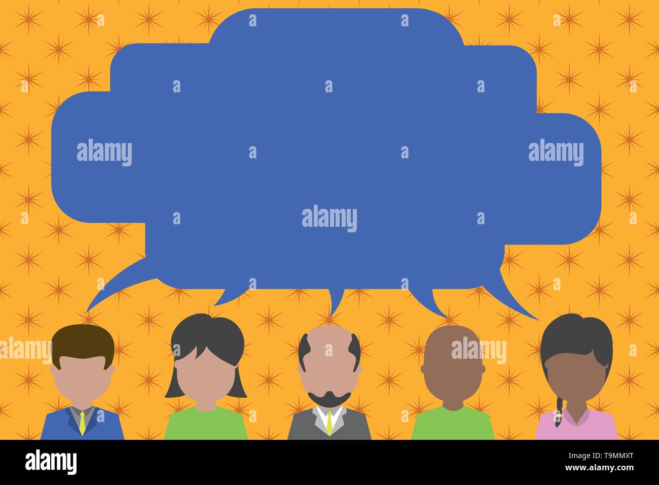 Five different races persons sharing blank speech bubble. People ...