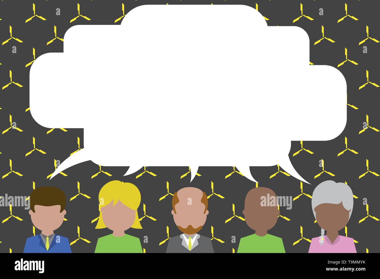 Five different races persons sharing blank speech bubble. People ...