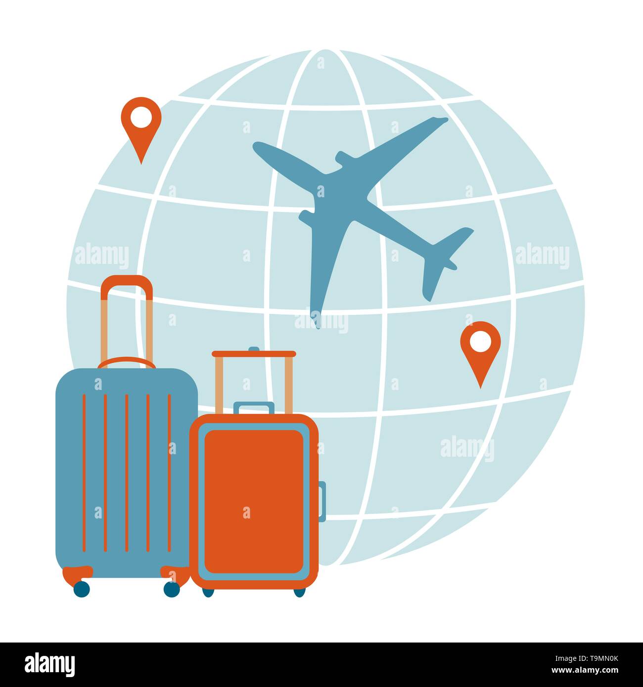Vector illustration with suitcases, airplane, tags on the globe point ...