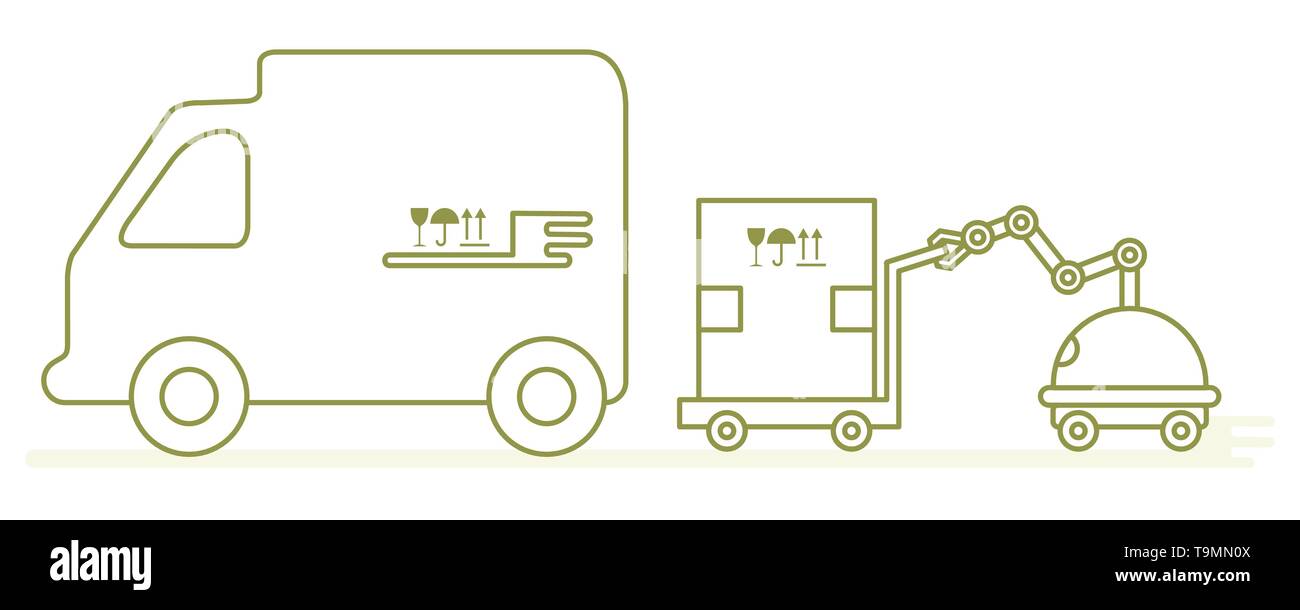 Vector illustration with robot loader loads boxes into a truck ...