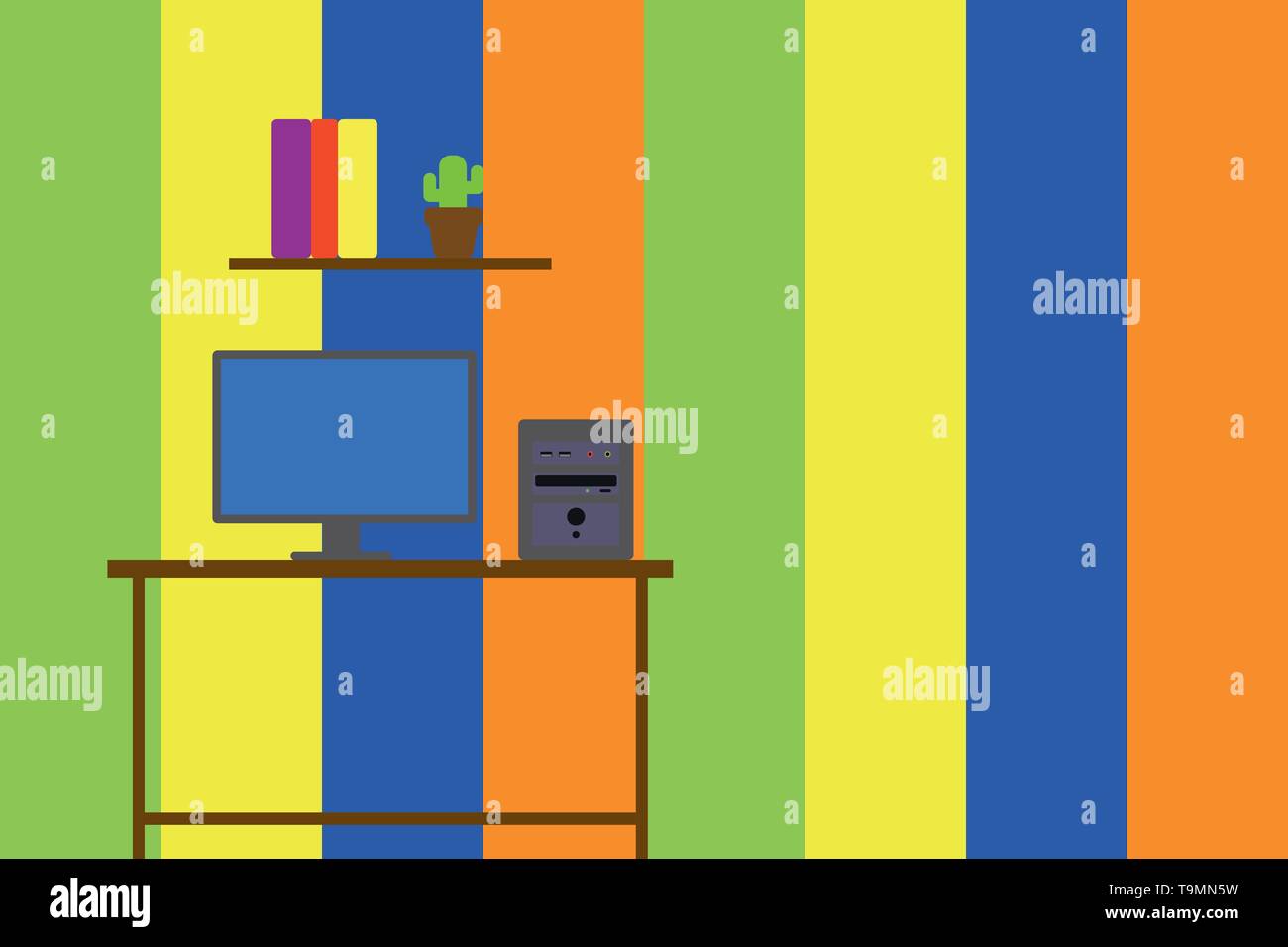 Desktop computer wooden table background shelf books flower pot ...