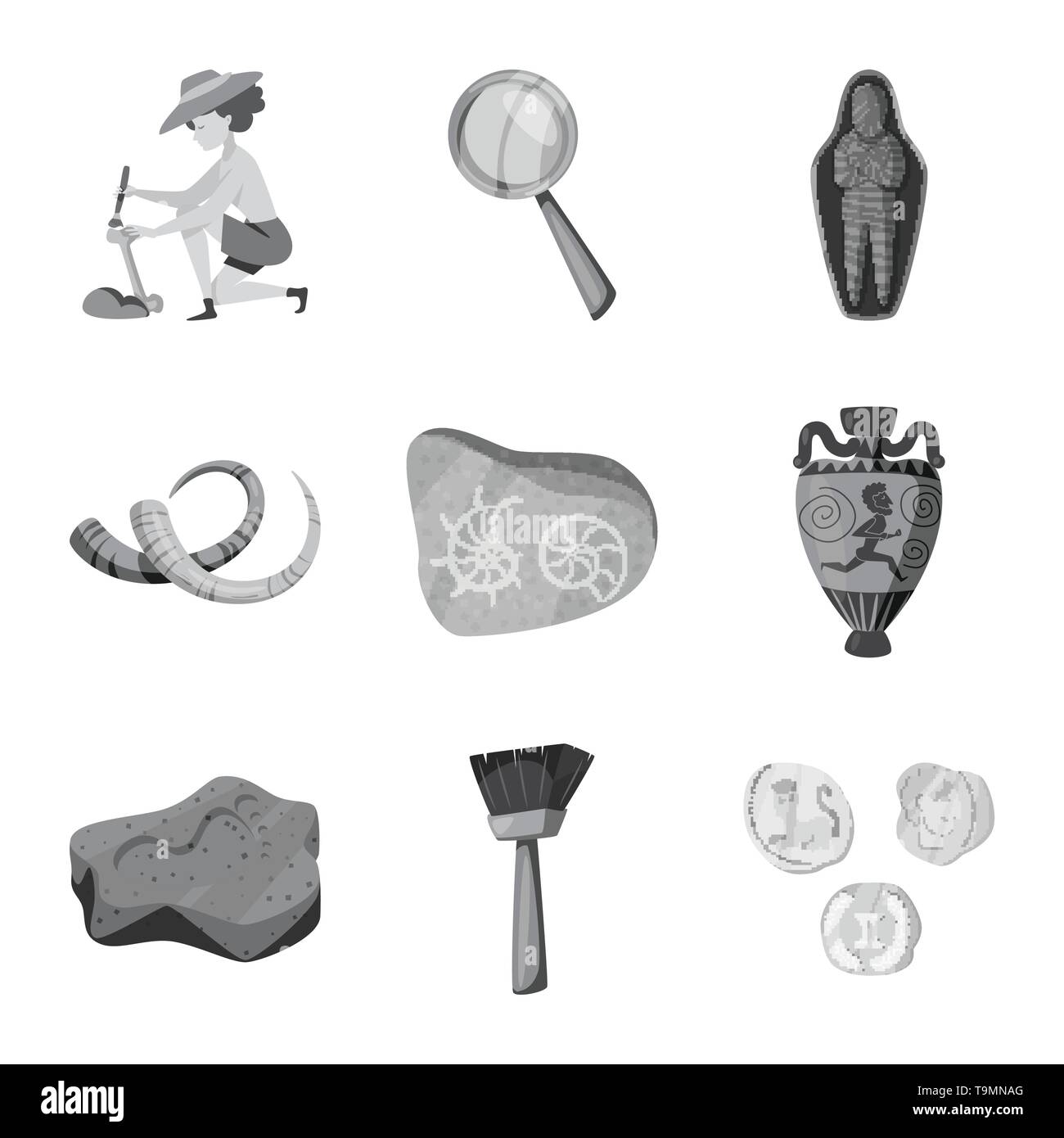 archaeologist,lens,mummy,horn,rock,amphora,brush,coins,girl,glass ...