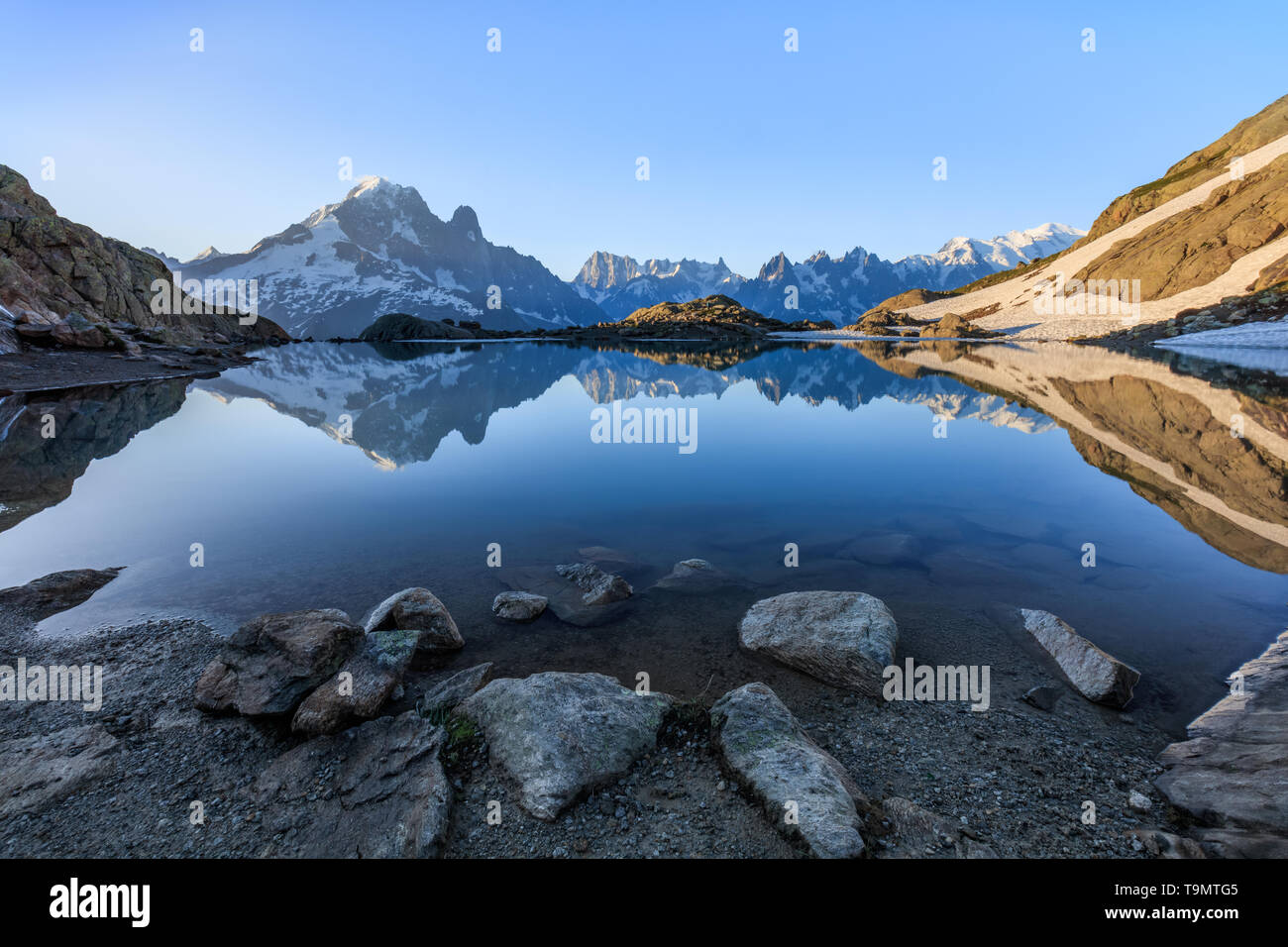 Mont Blanc Massif Reflected in Lac Blanc, Graian Alps, France Stock ...