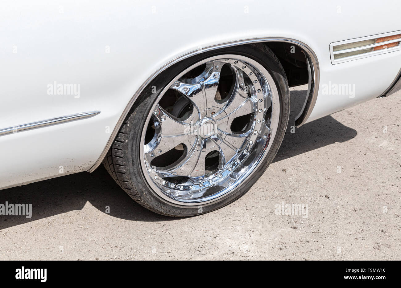 Samara, Russia - May 18, 2019: Modern automotive wheel on light alloy disc with low profile tire ...
