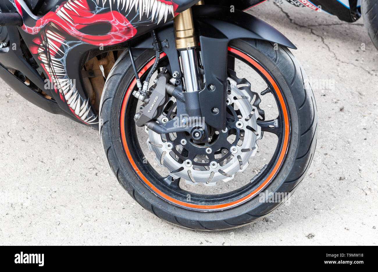 Samara, Russia - May 18, 2019: Front wheel of sports motorcycle. Brake ...