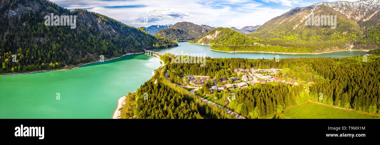 Amazing turquoise lake Sylvenstein, upper Bavaria. Aerial view. May ...