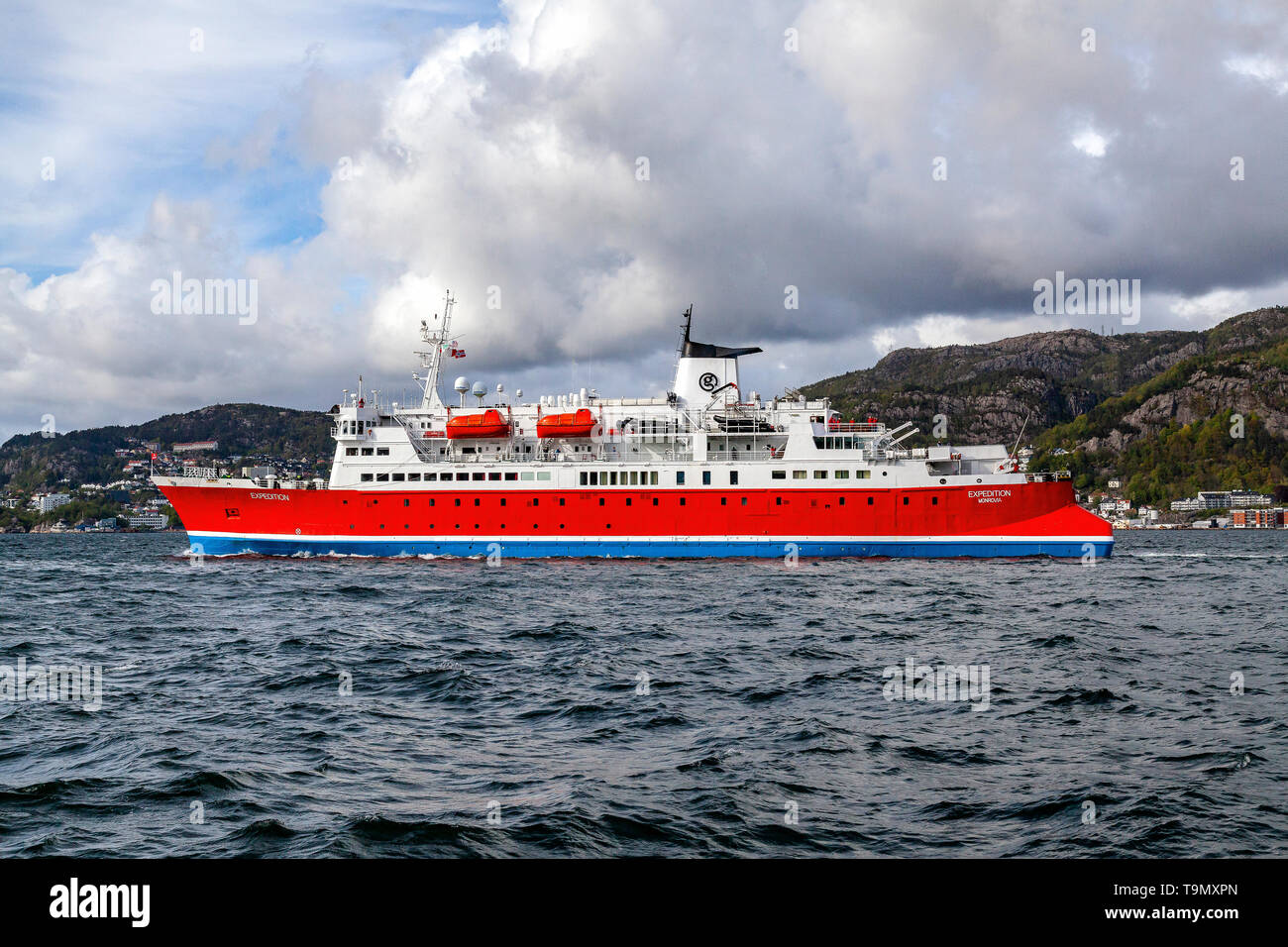 Small cruise ship Expedition in Byfjorden, outside the port of Bergen ...