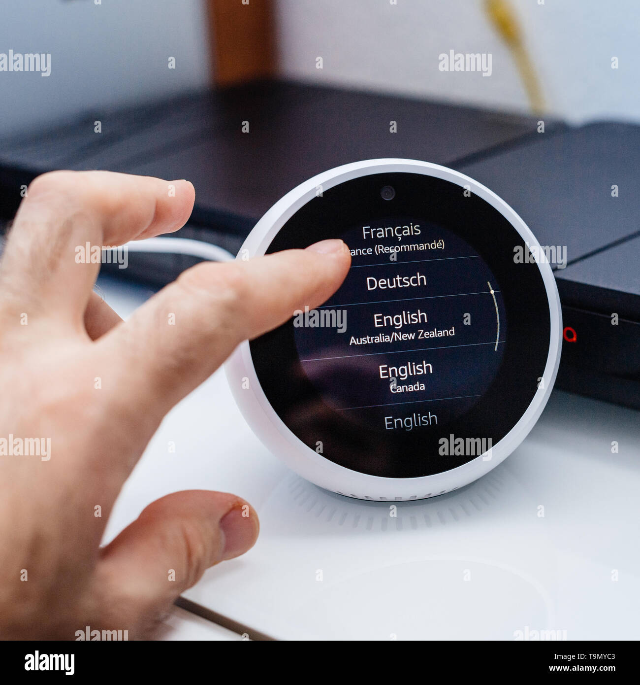 Paris, France - Apr 28, 2019: Installation of new Amazon Echo with ...