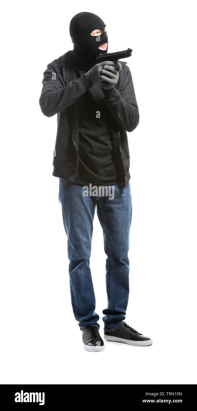 Male thief with gun on white background Stock Photo - Alamy
