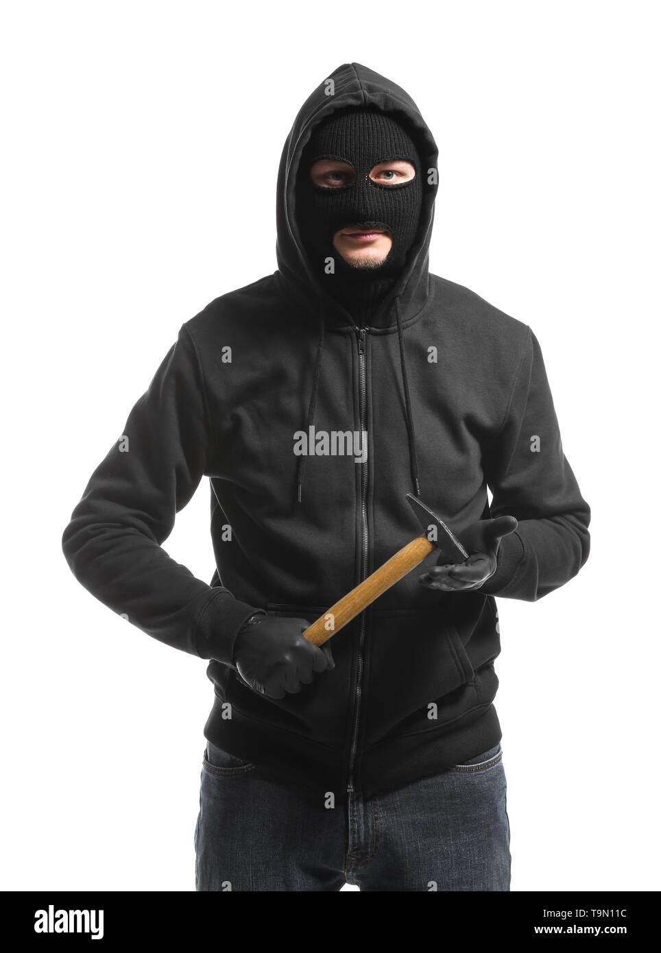 Male thief with hammer on white background Stock Photo - Alamy