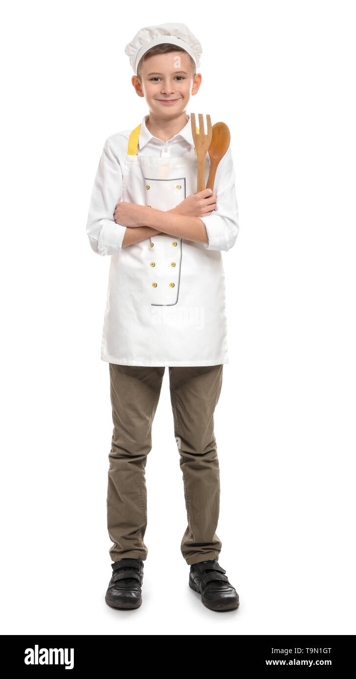 Cute little chef with kitchen utensils on white background Stock Photo ...