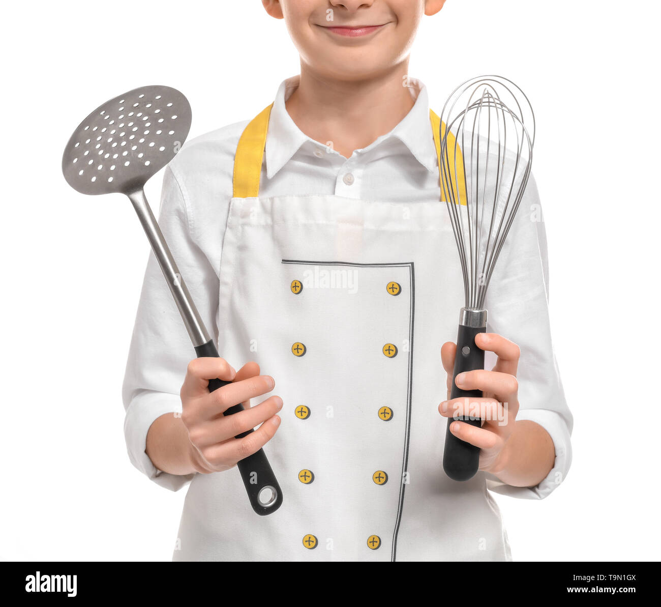 Cute little chef with kitchen utensils on white background, closeup ...