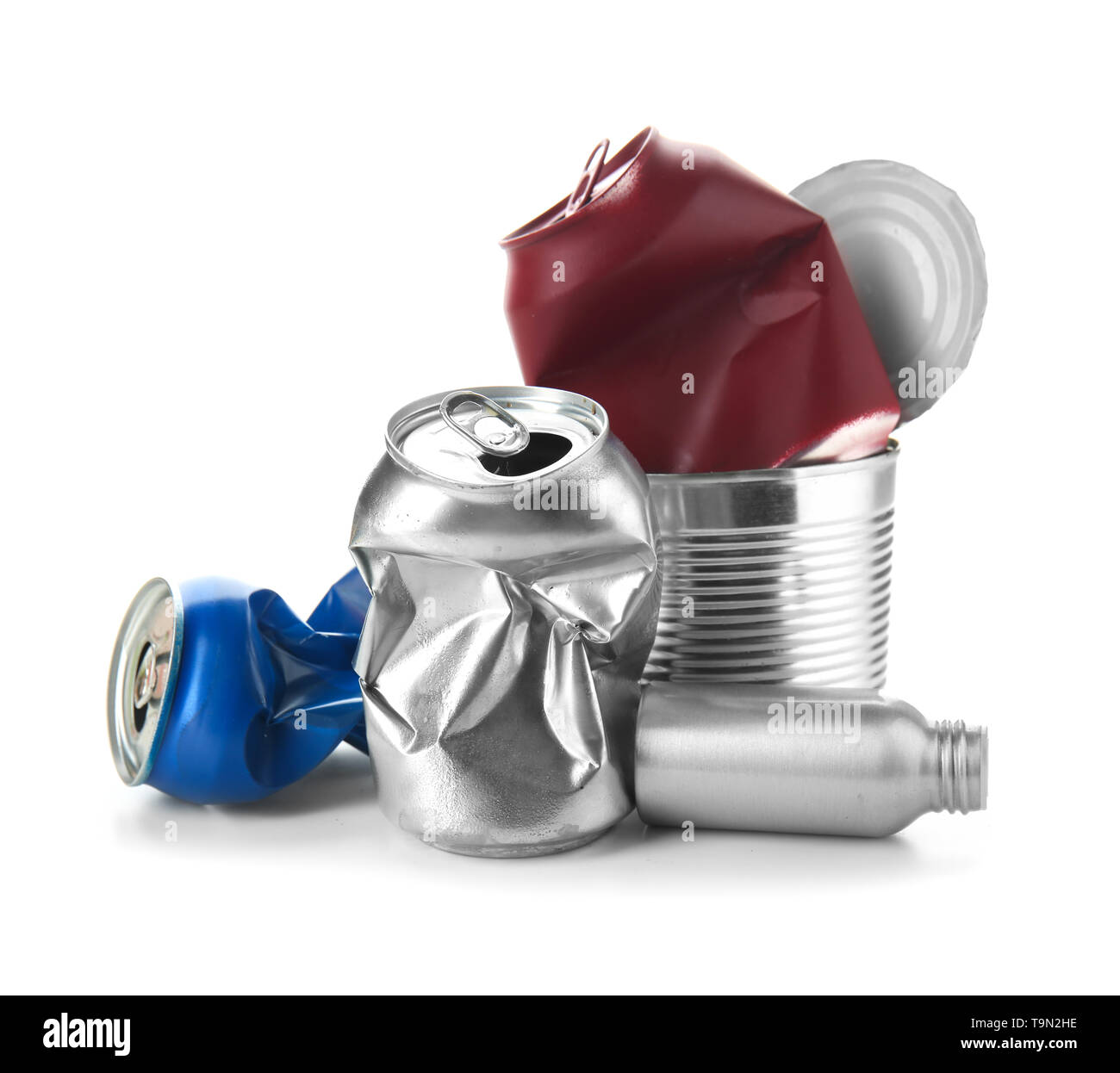 Used tin cans on white background. Recycling concept Stock Photo - Alamy