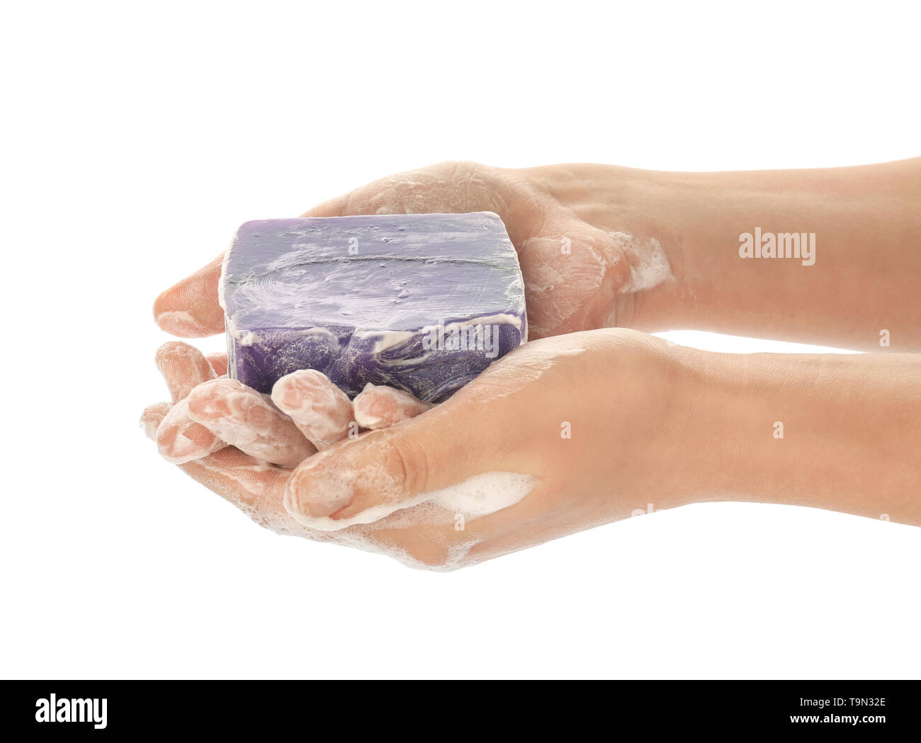 Female hands with soap on white background Stock Photo - Alamy