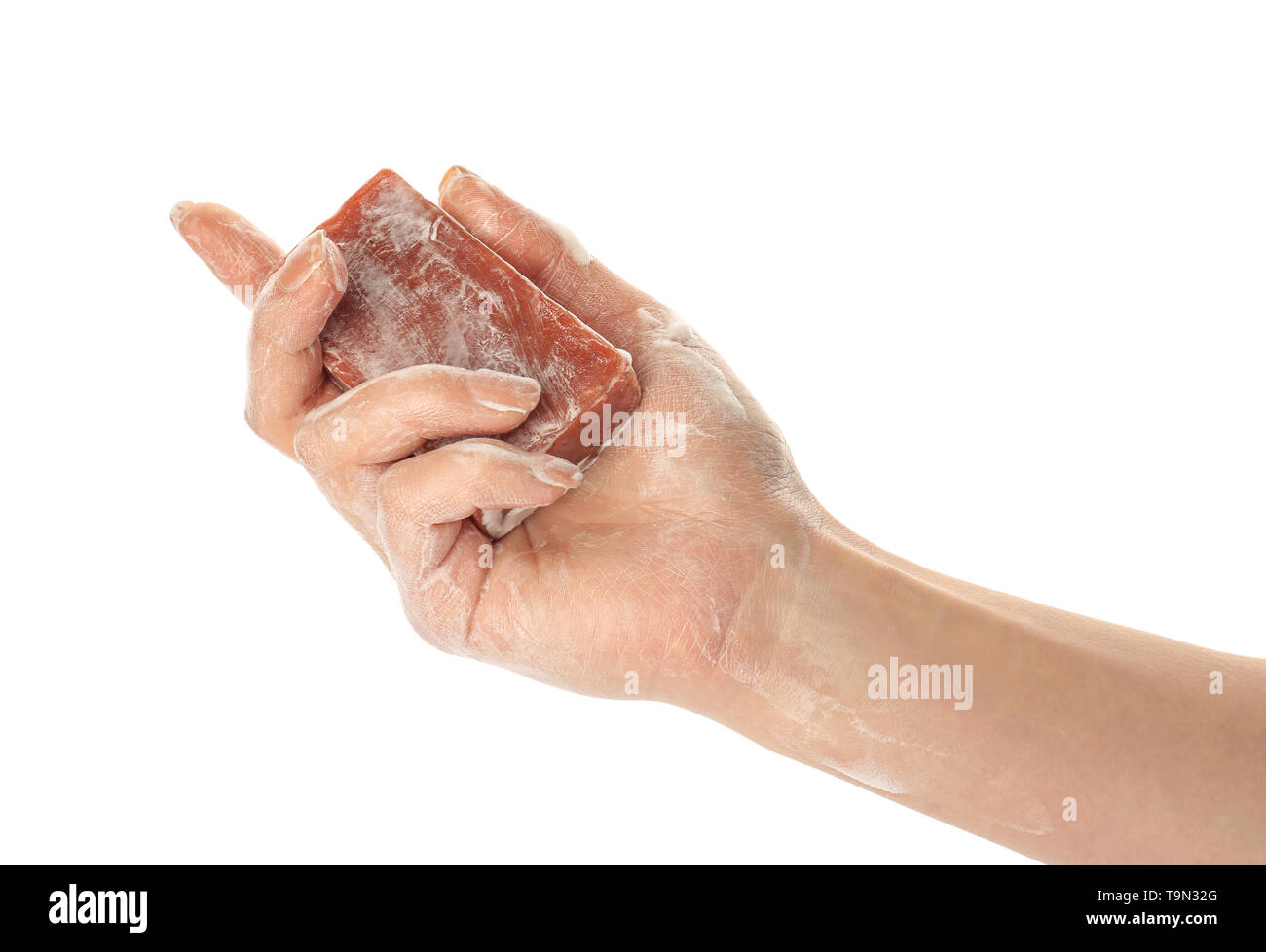 Female hand with soap on white background Stock Photo - Alamy