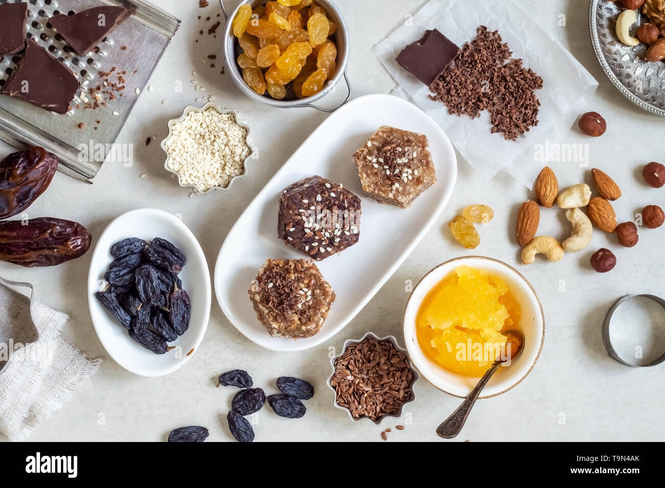 Natural helpful candy from dates, nuts, honey and raisins. Healthy food ...