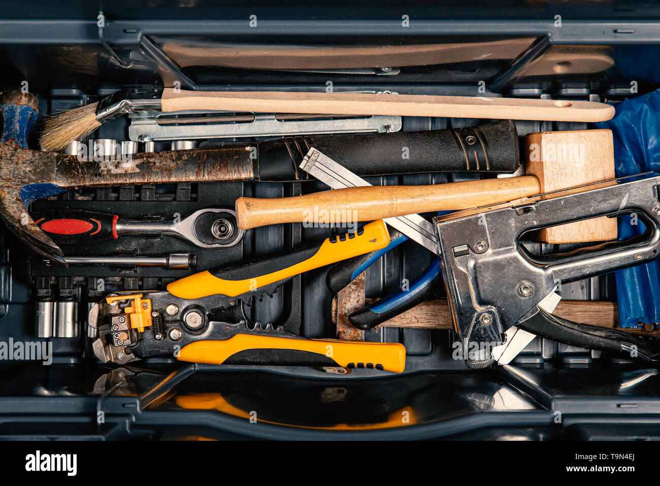 Set of working tools in tool box, top view. DIY theme Stock Photo - Alamy