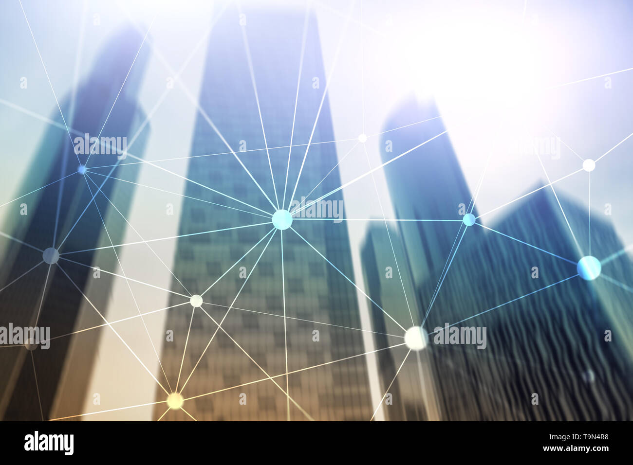 Blockchain network on blurred skyscrapers background. Financial ...