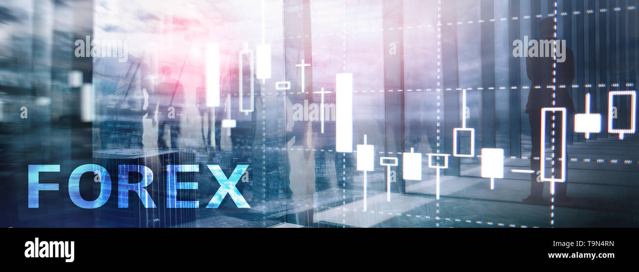 Forex trading, financial candle chart and graphs on blurred business ...