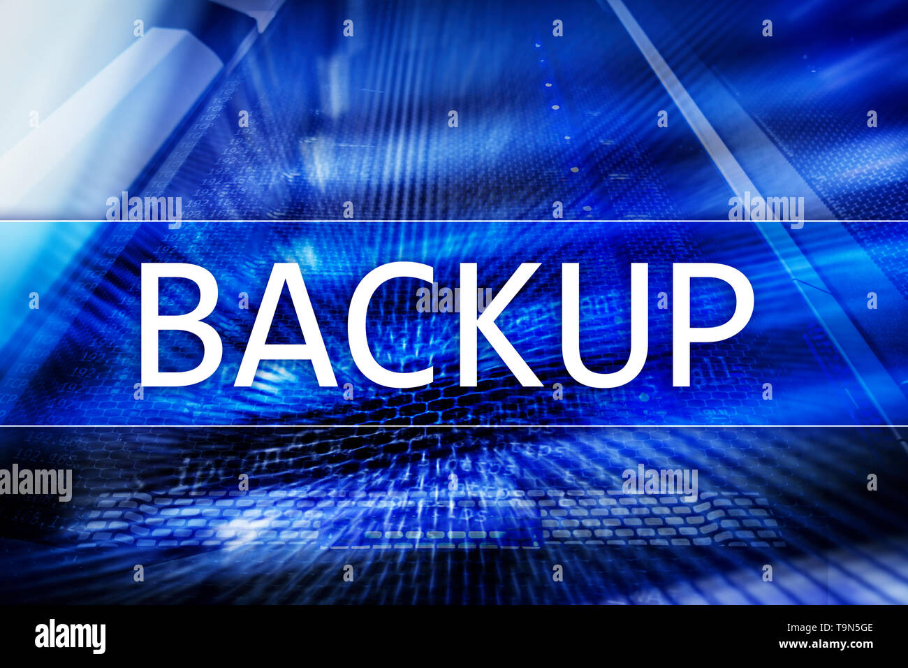 Backup button on modern server room background. Data loss prevention ...