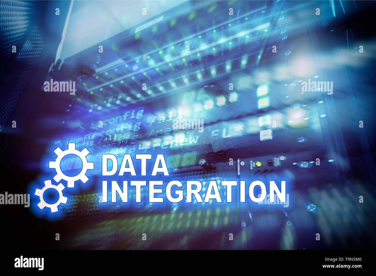 Data integration information technology concept on server room ...