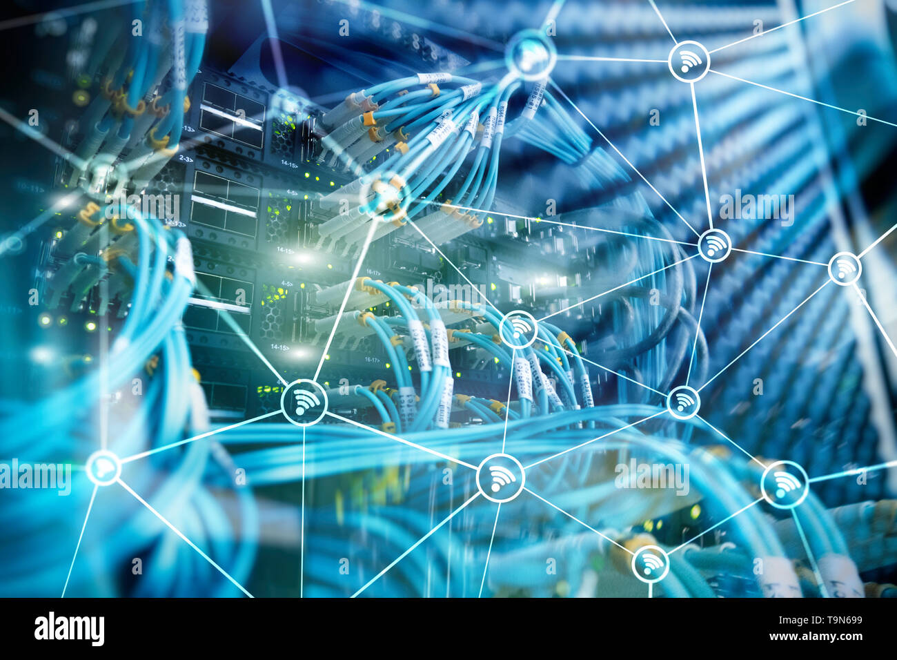 Wi fi network abstract structure on modern server room background Stock ...