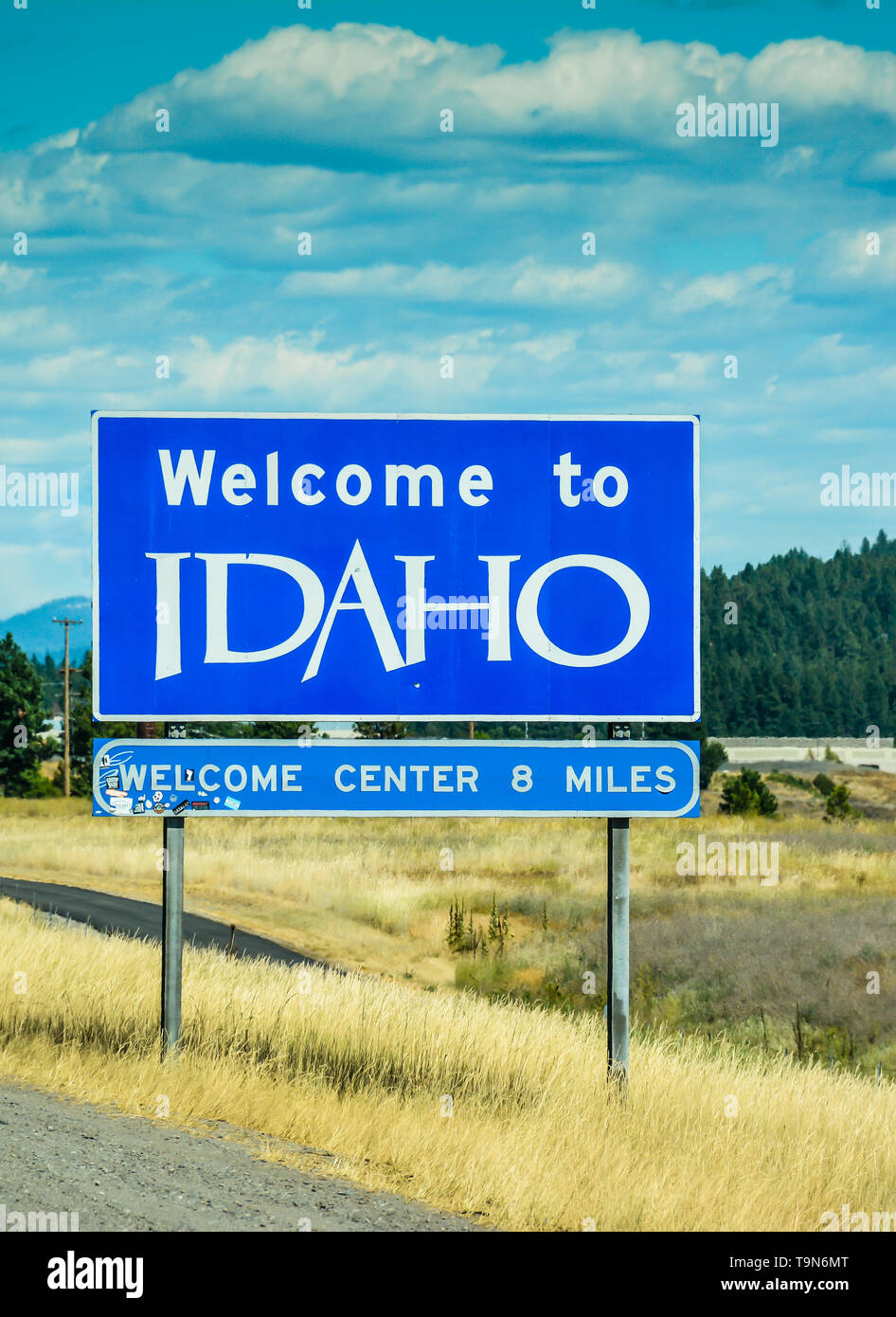 Close up of big blue "Welcome to Idaho" sign on interstate 90 heading ...