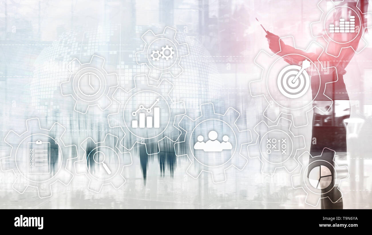 Business process automation concept. Gears and icons on abstract ...