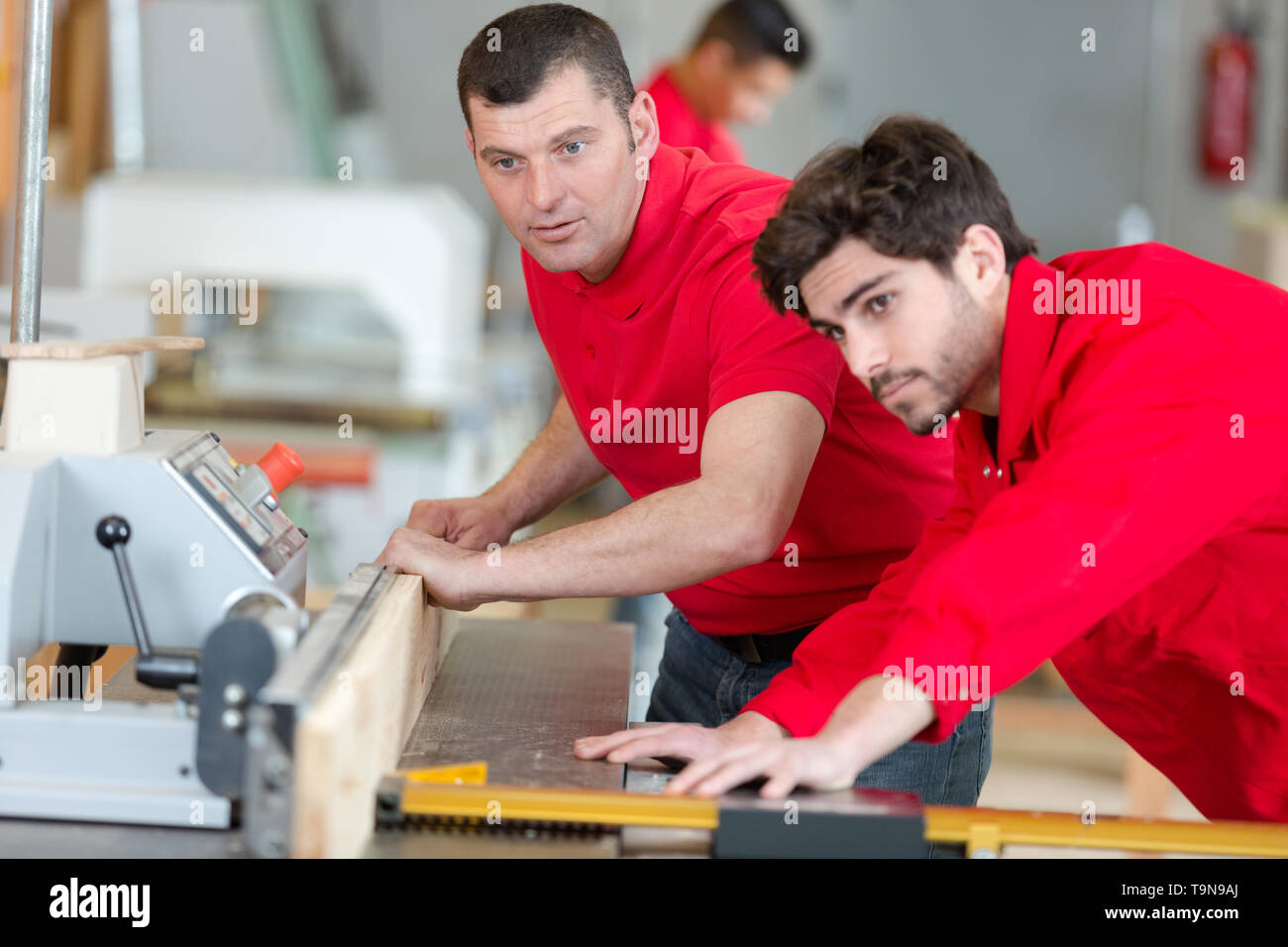 carpenter showing apprentice how to use machine Stock Photo - Alamy