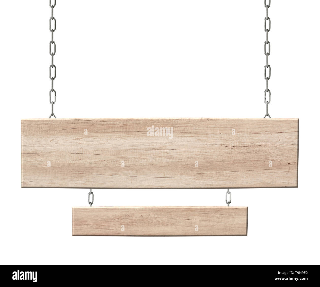 Empty oblong double sign made of light wood hanging on chains. Isolated ...