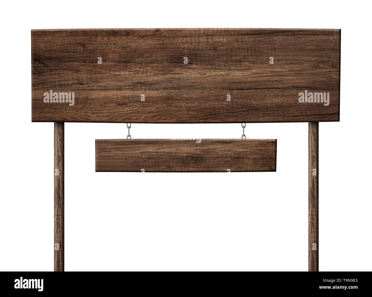 Oblong empty wooden double signpost with poles and made of dark wood ...