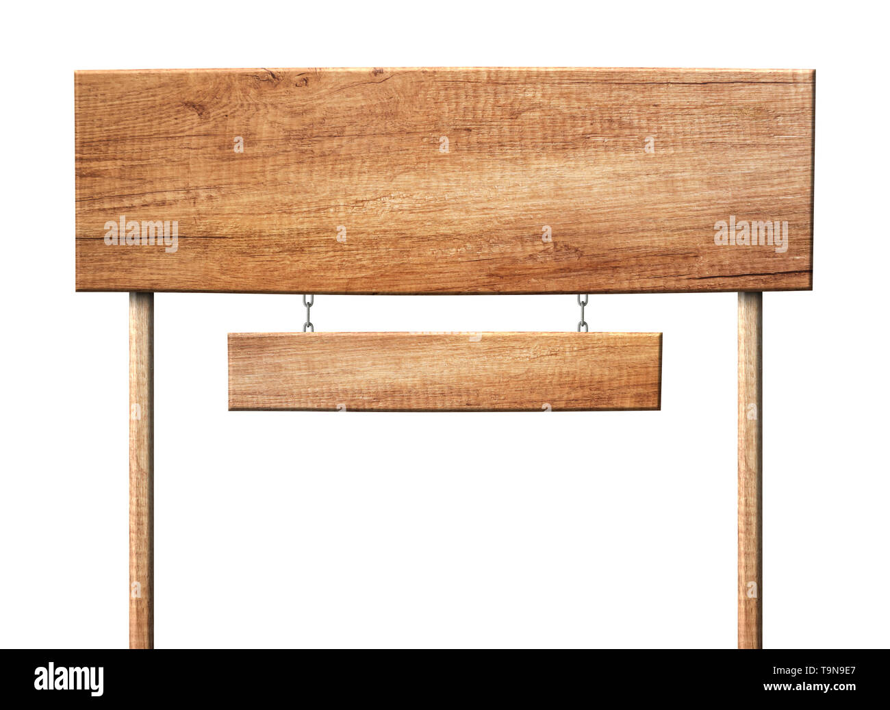 Oblong empty wooden double signpost with poles and made of natural wood ...