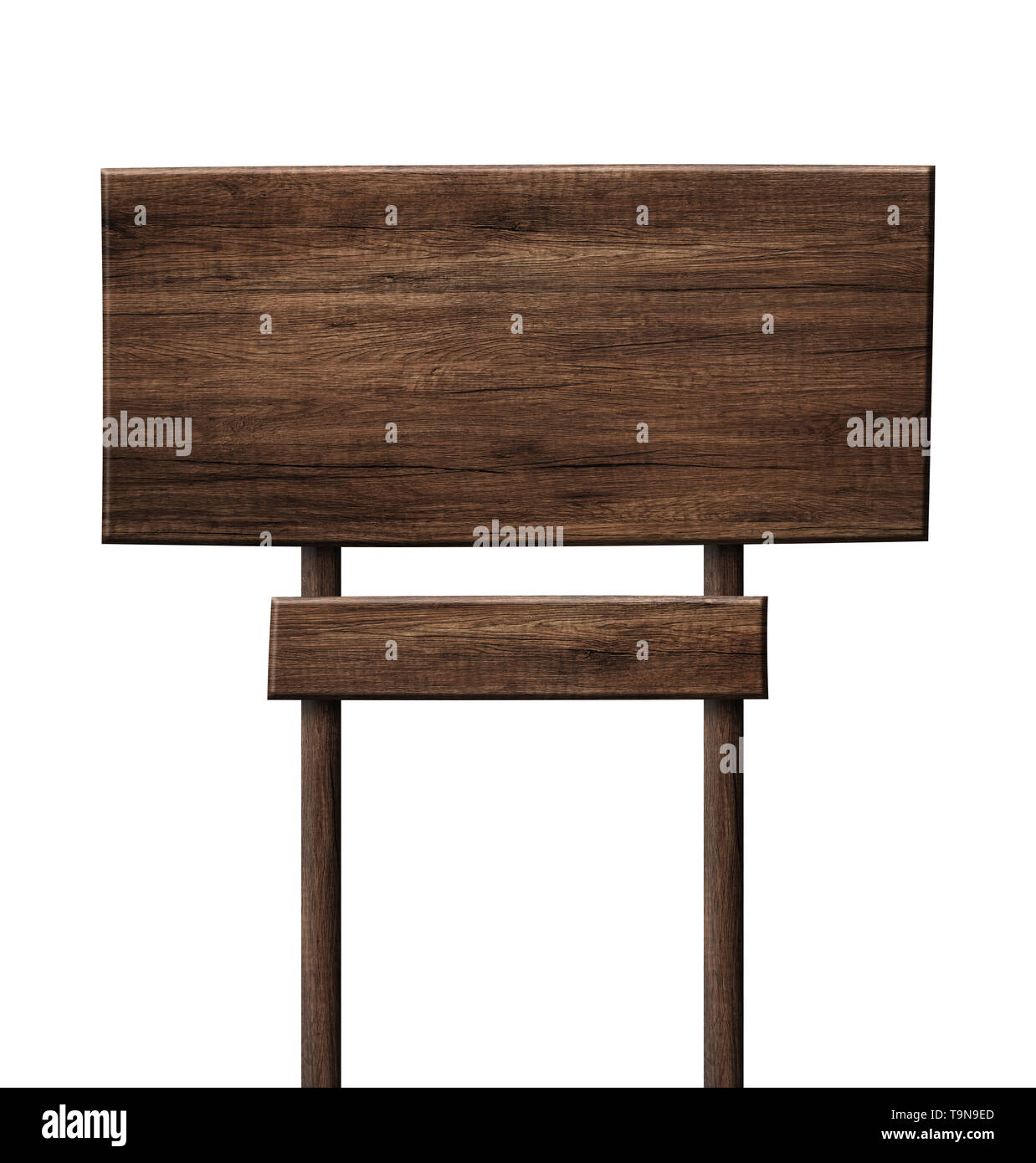 Empty double pole sign made of dark wood. Isolated on white background ...