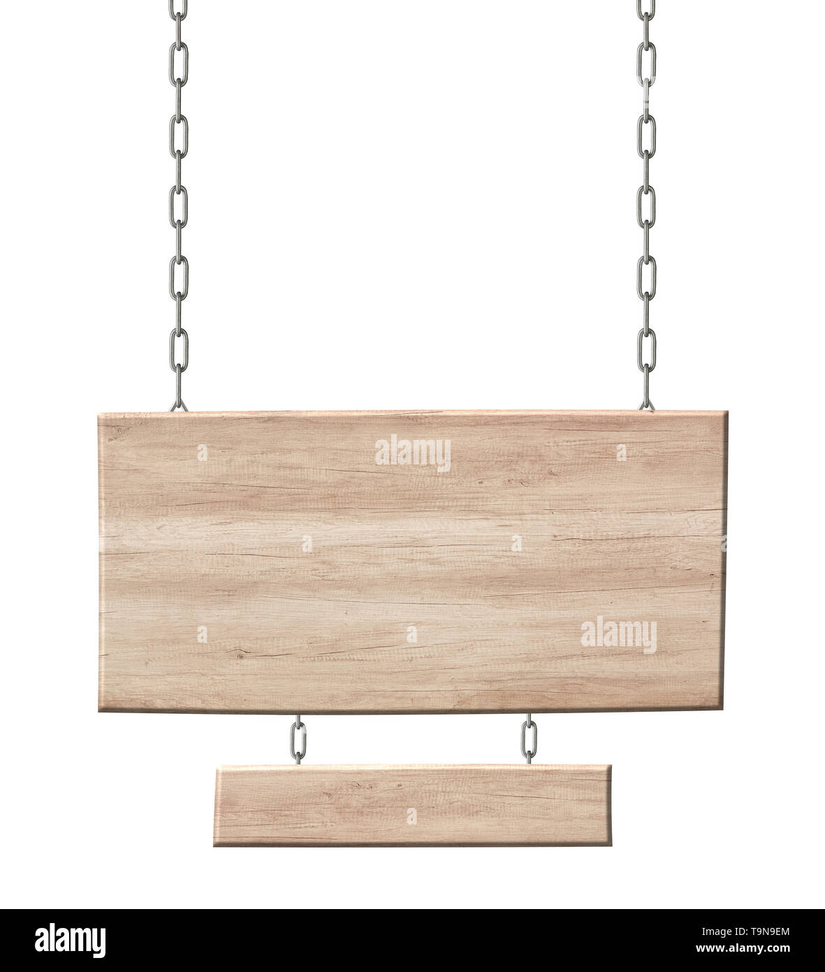 Empty oblong double sign made of light wood hanging on chains. Isolated ...