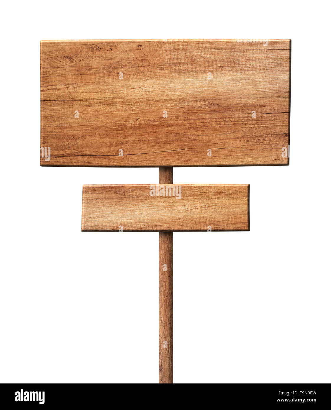 Empty double signpost made of natural wood with pole. Isolated on white ...