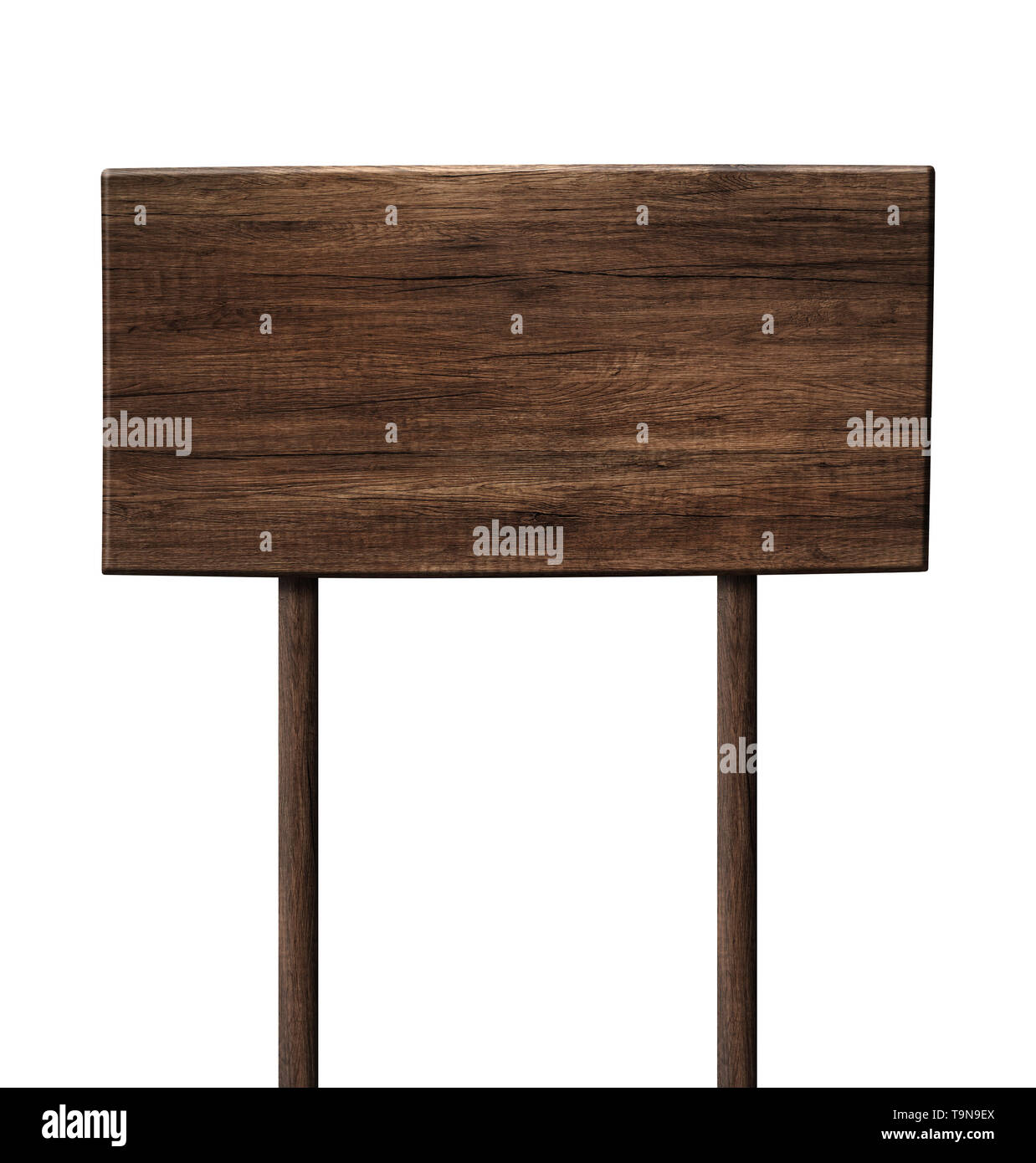 Empty wooden pole signpost made of dark wood. Isolated on white ...