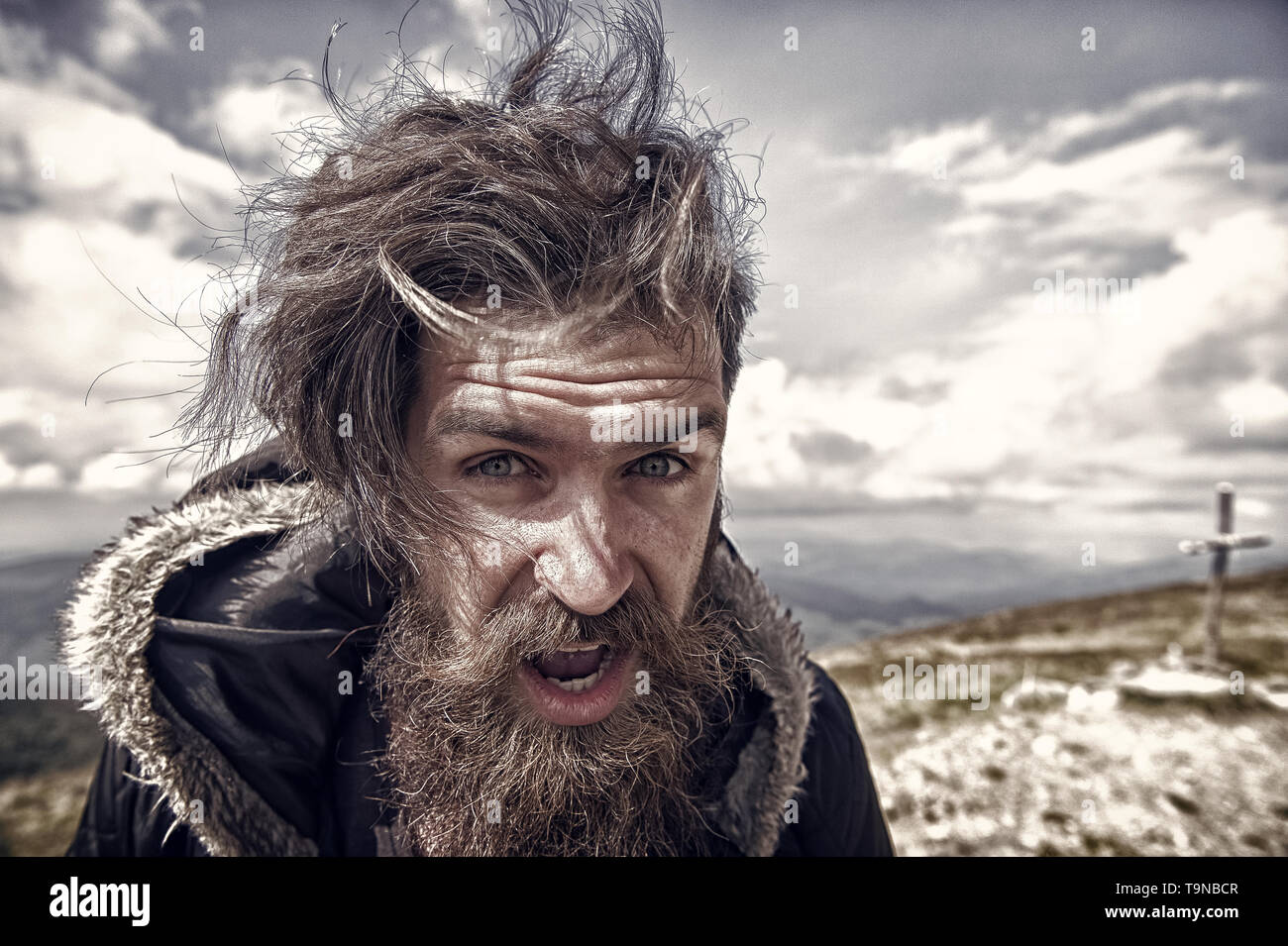 bearded man, long beard, brutal caucasian hipster with moustache on ...