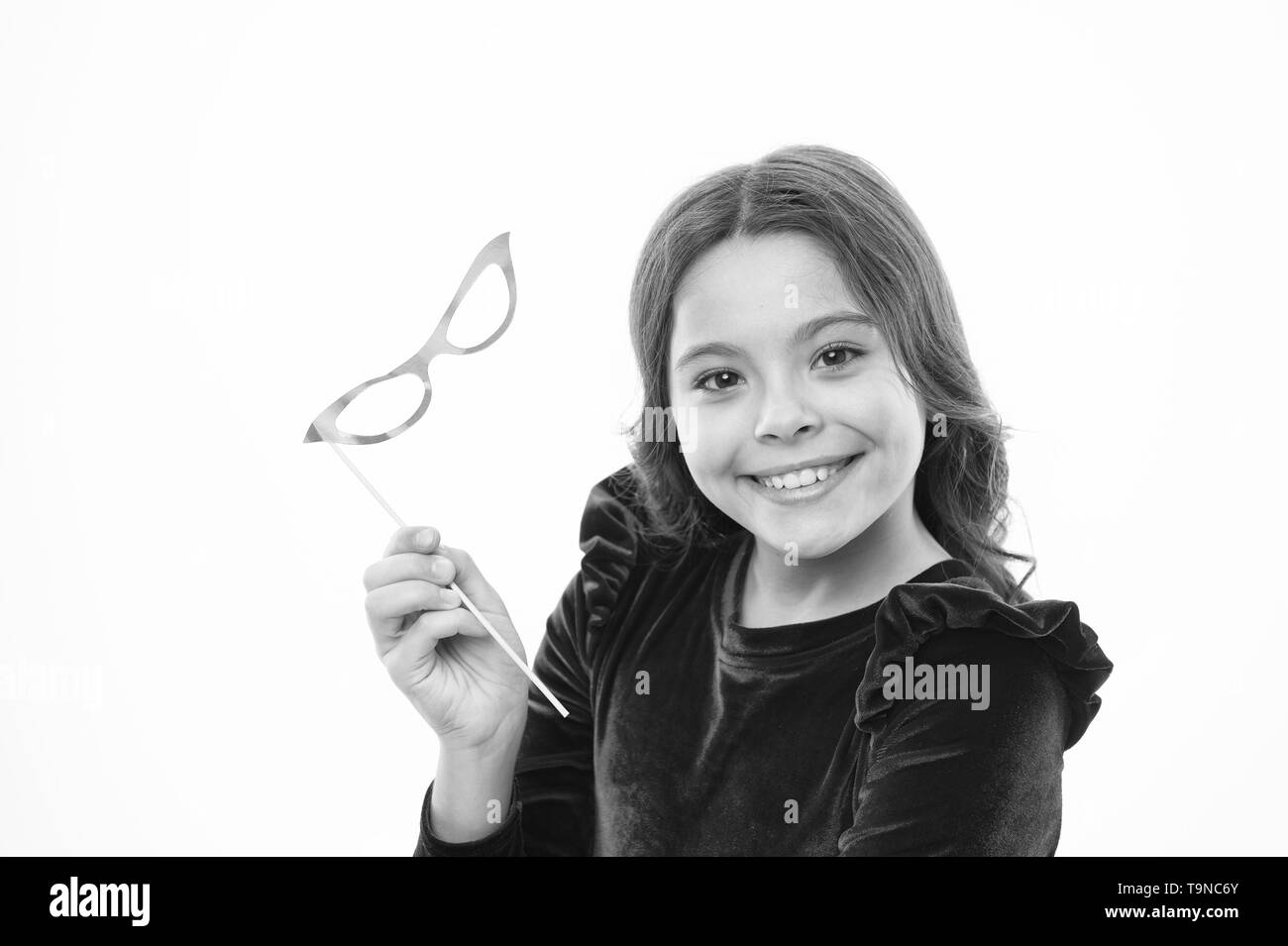 Fun and entertainment. Kid happy wear eyeglasses photo booth props ...