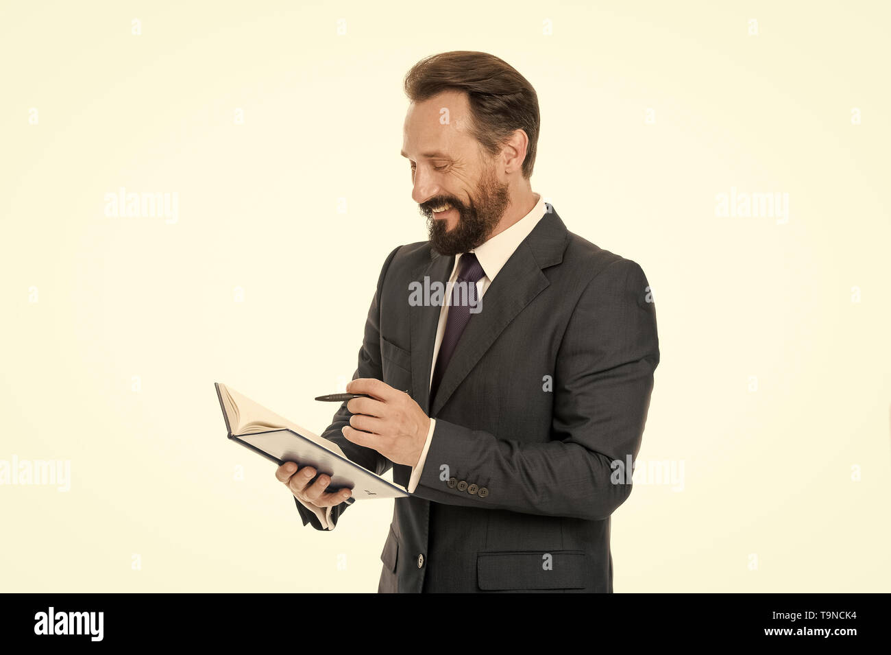 Notebook concept. Businessman make notes in notebook. Man write ...