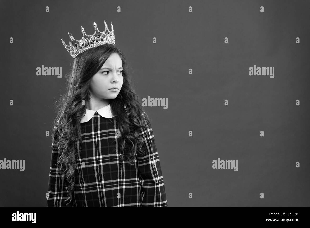 Lady little princess. Girl wear crown red background. Monarch family ...