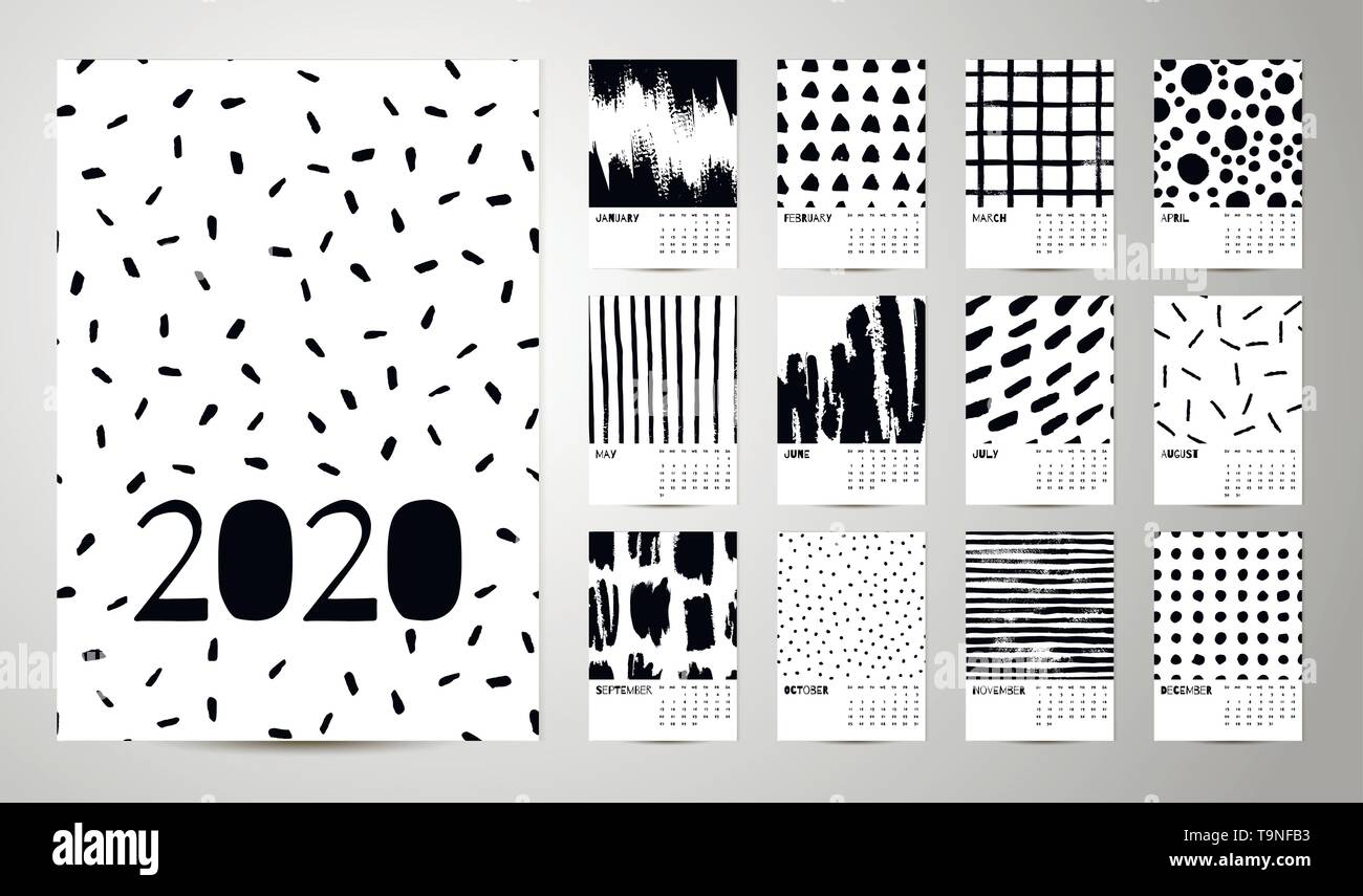 2020 English Calendar Abstract Vector Hand Draw black and white. Set of ...