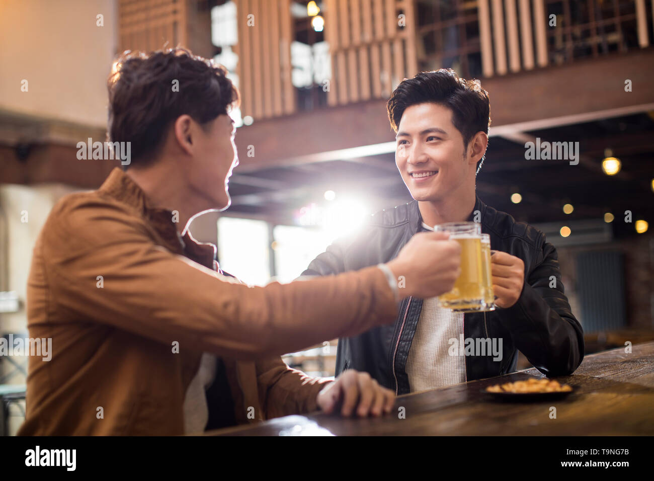 Happy young men toasting in bar Stock Photo - Alamy