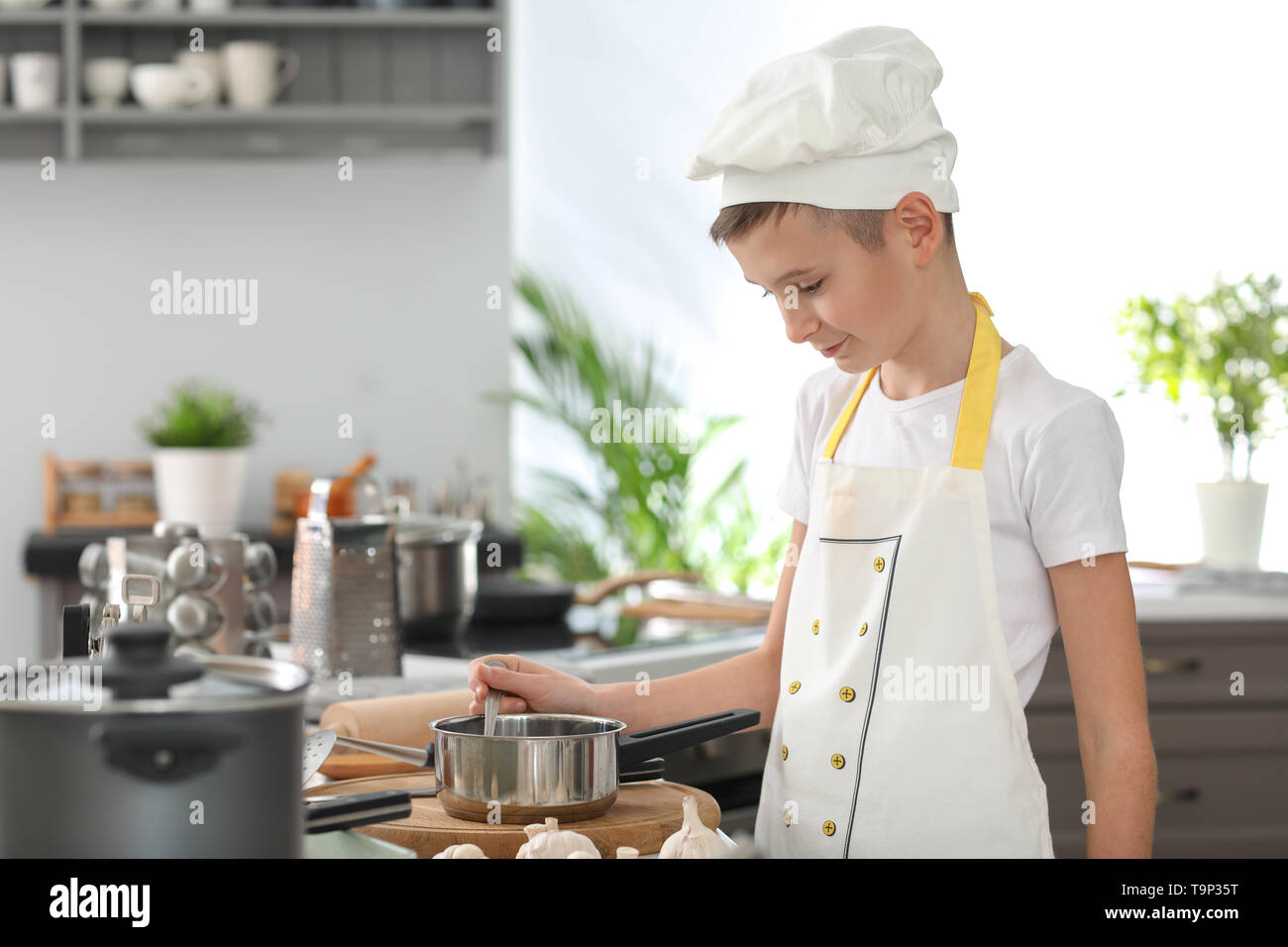 Cute little chef cooking in kitchen Stock Photo - Alamy