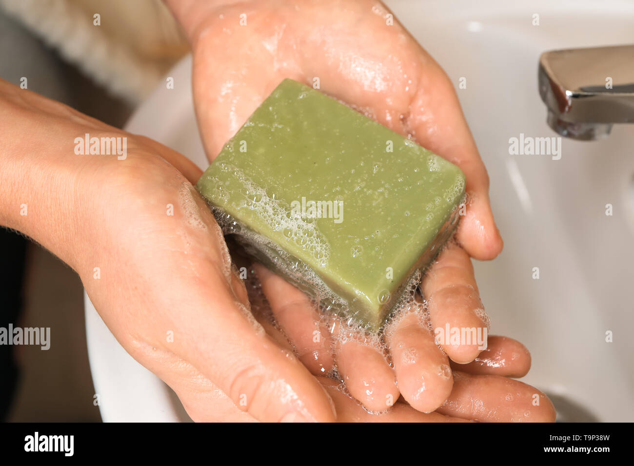 Woman washing hands with soap, closeup Stock Photo - Alamy