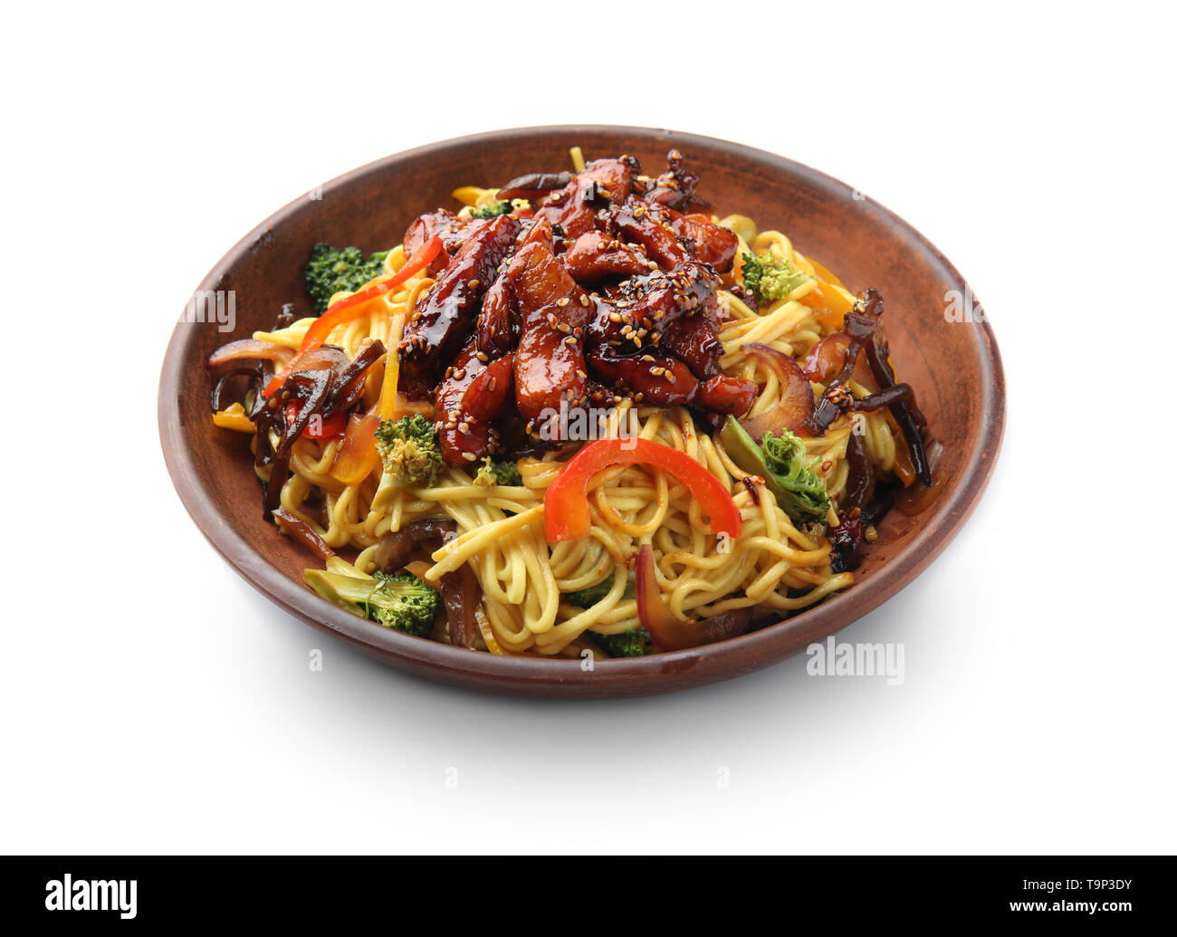 Plate with tasty chinese noodles on white background Stock Photo - Alamy