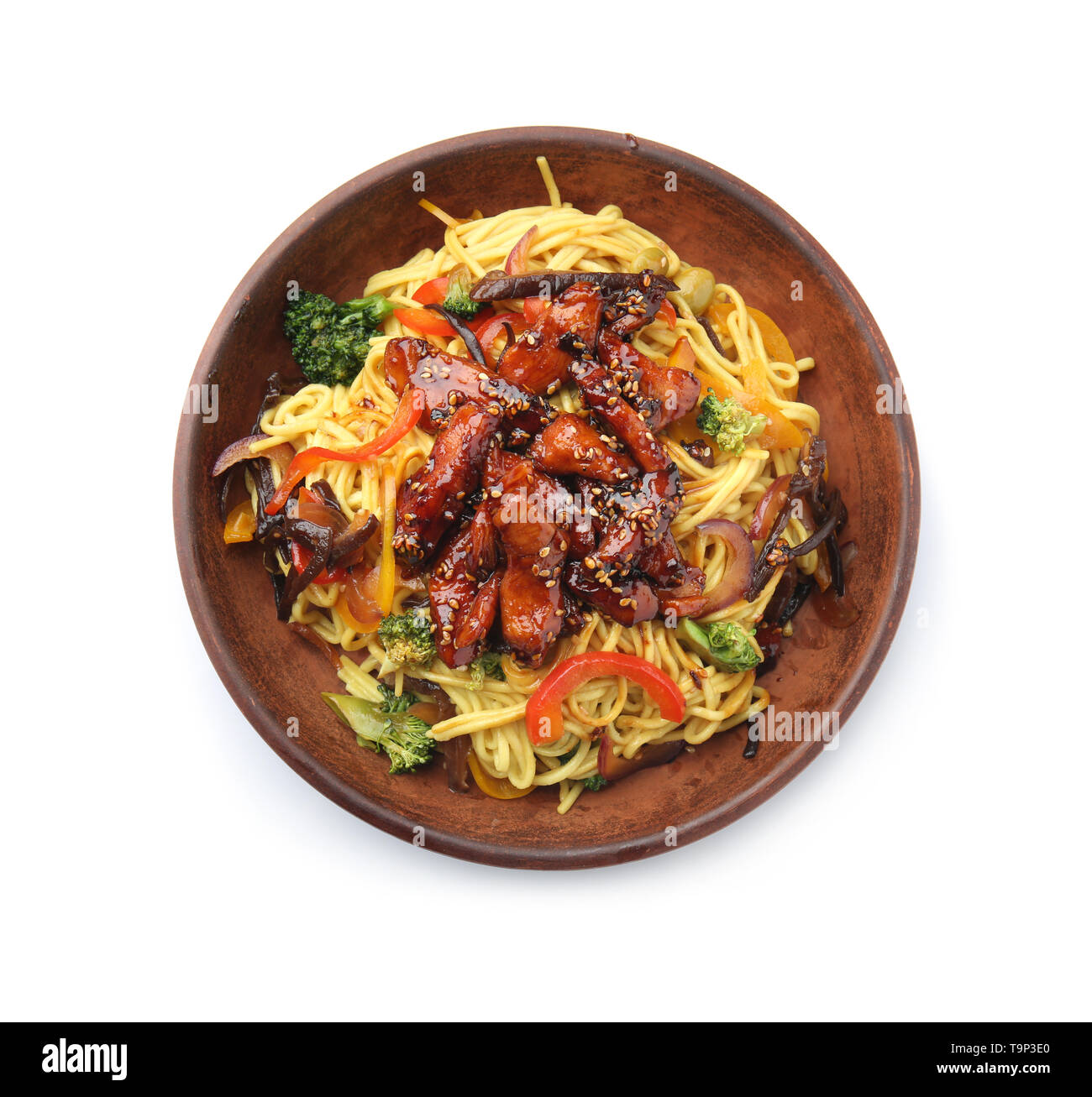 Plate with tasty chinese noodles on white background Stock Photo - Alamy